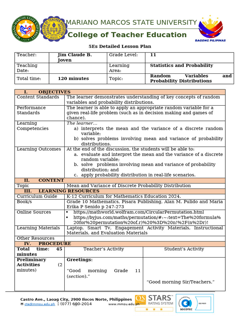 Demo Teaching Lesson Plan | PDF | Probability Distribution | Learning