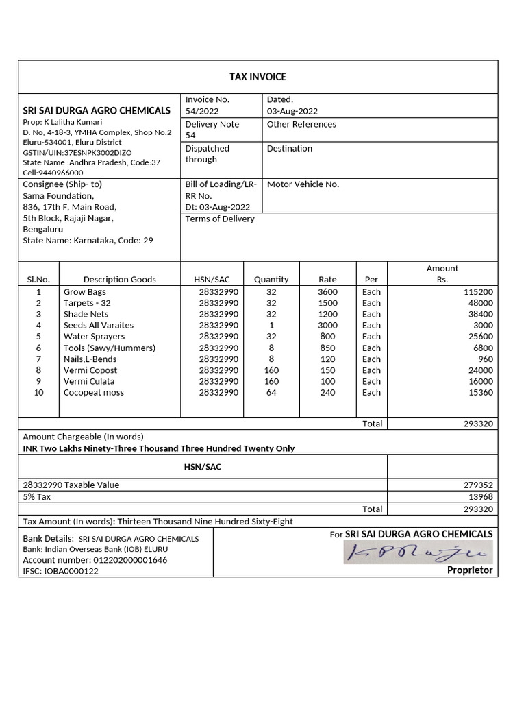 Tax Invoice for Agro Chemicals Purchase | PDF