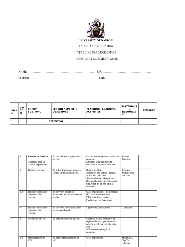 2024 Chemistry Form 3 Schemes of Work | PDF | Alkene | Alkane