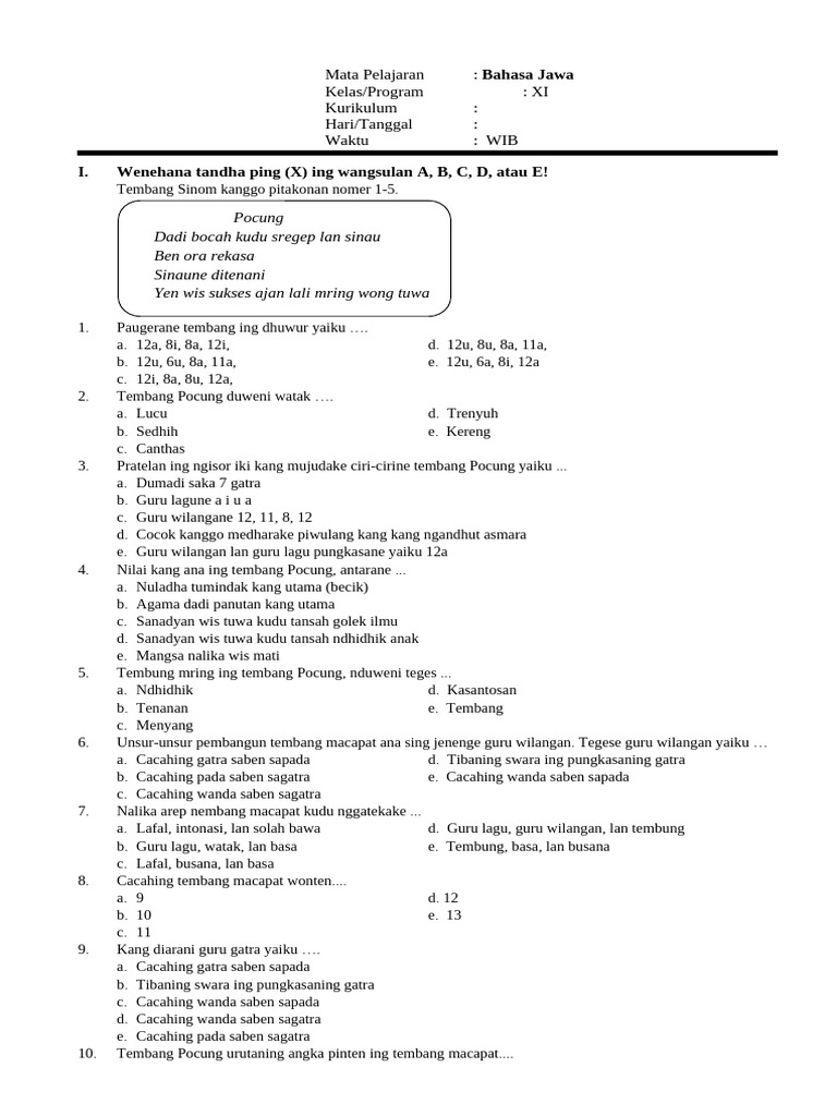 SOAL B. JAWA XI gasal 2024 | PDF