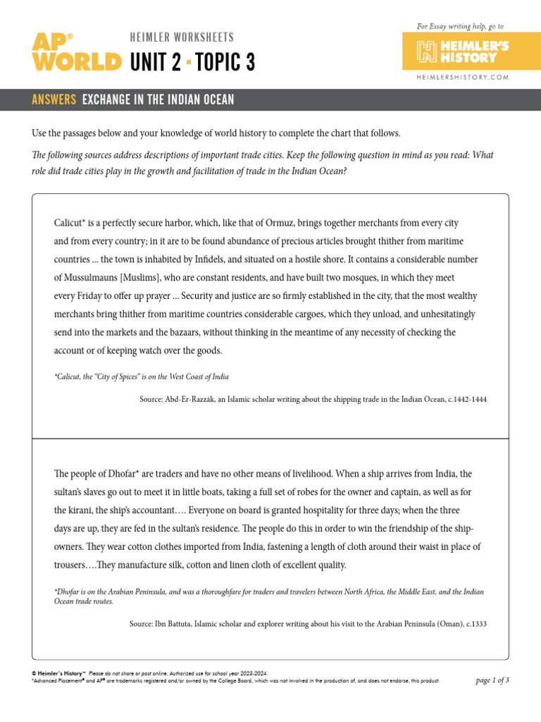 AP WORLD Unit 2 Topic 3 Worksheets Answers | PDF | Trade | Arabian ...