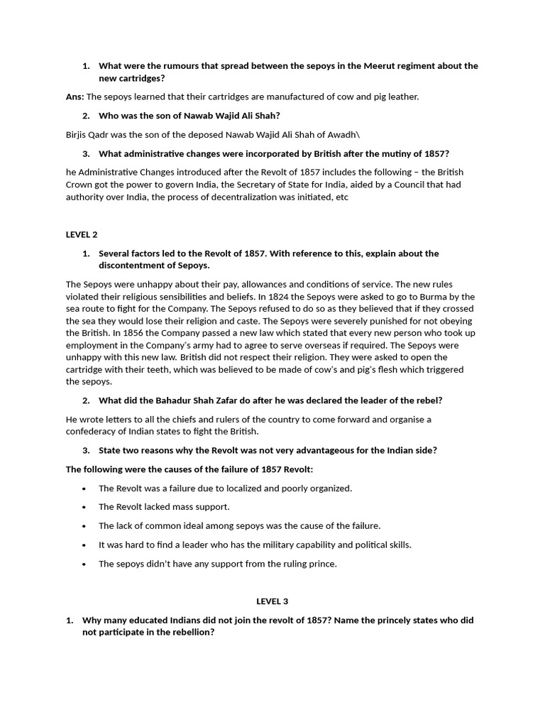 Revolt Worksheet Answers | PDF | Indian Rebellion Of 1857 | Rebellions
