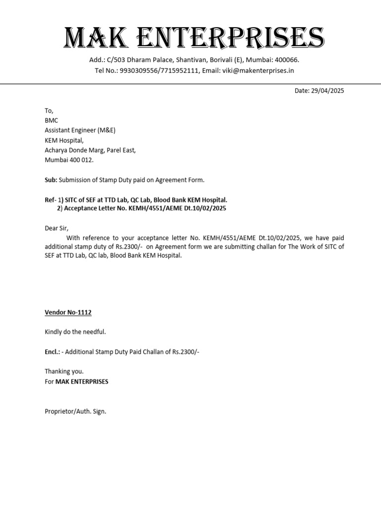 BMC Stamp Duty Submission for KEM Hospital | PDF
