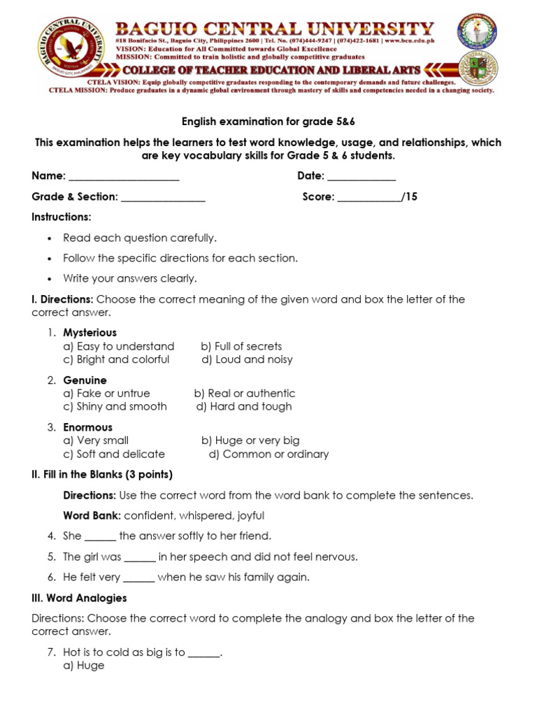 Grade 5 & 6 English Vocabulary Exam | PDF | Applied Linguistics ...