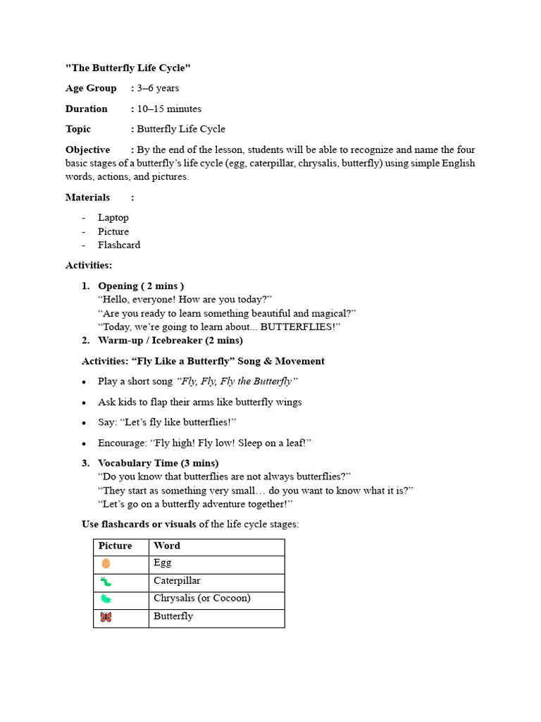 Lesson Plan 15 minutes butterfly cycle | PDF
