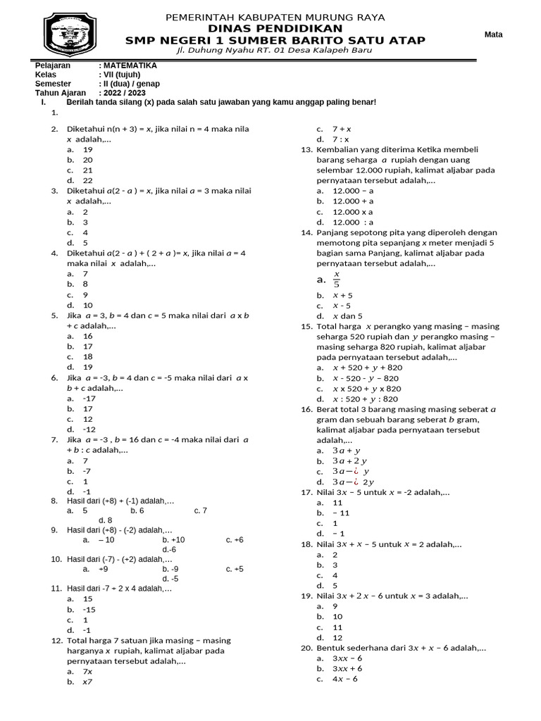 Soal MTK KLS 7 S. 2 2023 | PDF