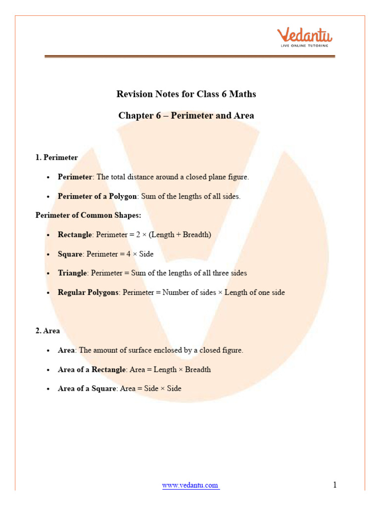 CBSE Maths Chapter 6 Perimeter and Area Class 6 Notes - FREE PDF ...