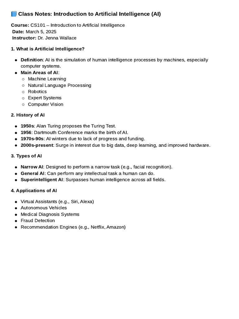 AI Introduction Class Notes | PDF