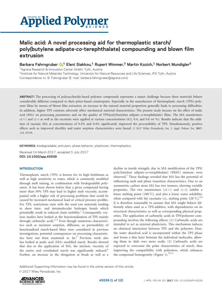 J of Applied Polymer Sci - 2017 - Fahrngruber - Malic Acid A Novel Processing Aid For ...