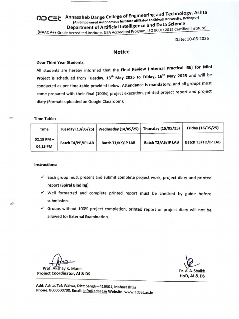 Mini Project Internal Lab ISE Notice | PDF