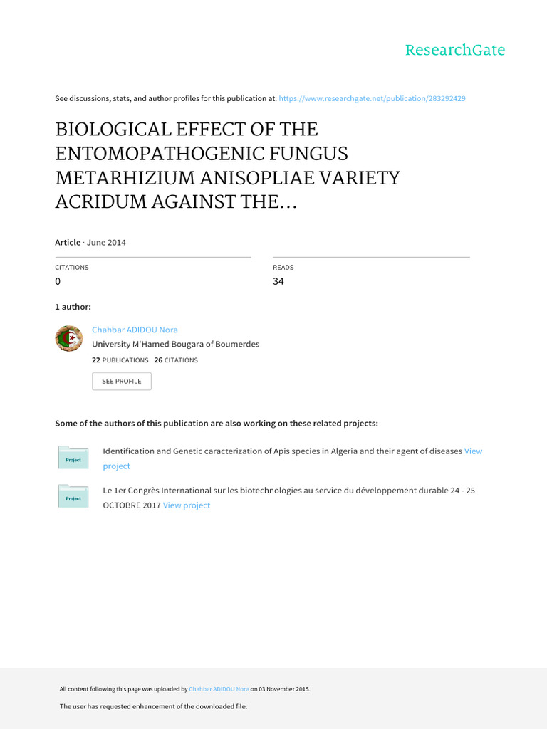 Biological Effect of The Entomopathogenic Fungus Metarhizium-Printed | PDF | Mosquito | Organisms