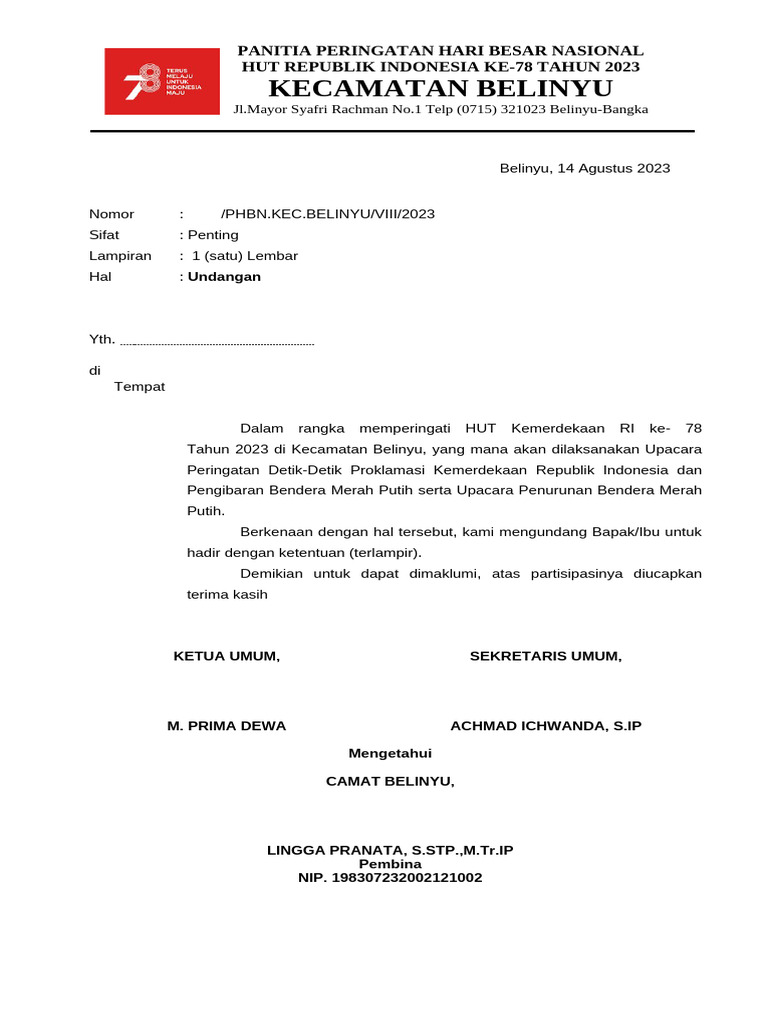 Undangan Upacara HUT RI ke-78 Belinyu | PDF