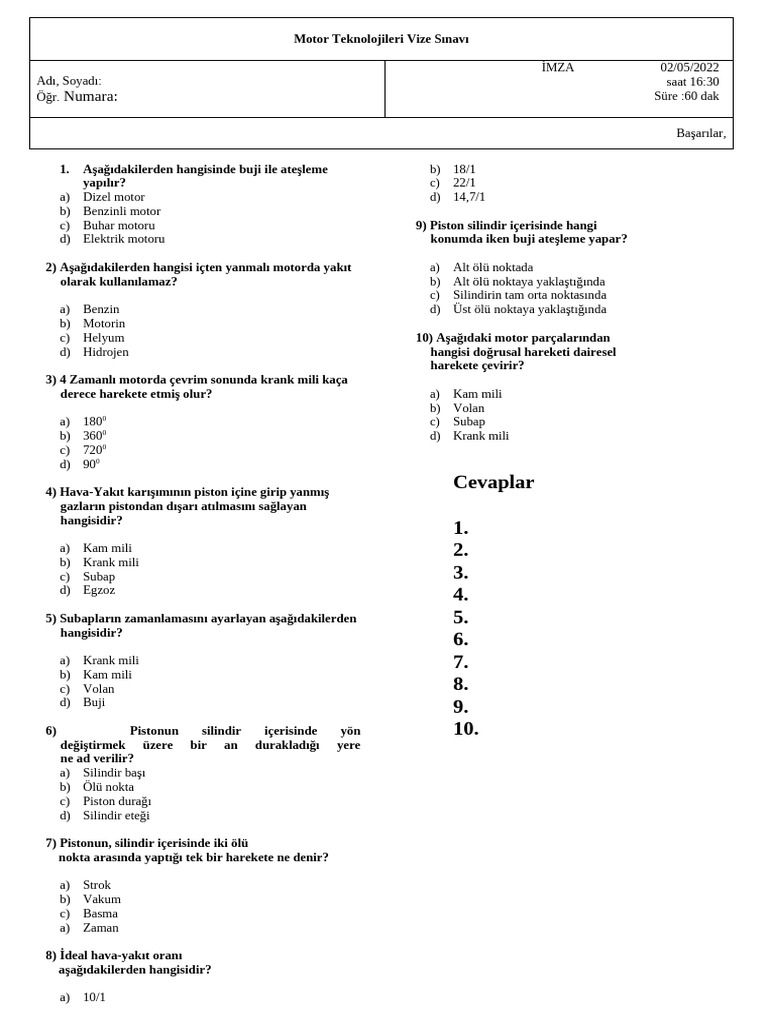 Motor Teknolojileri 02.05.2023 Vize | PDF