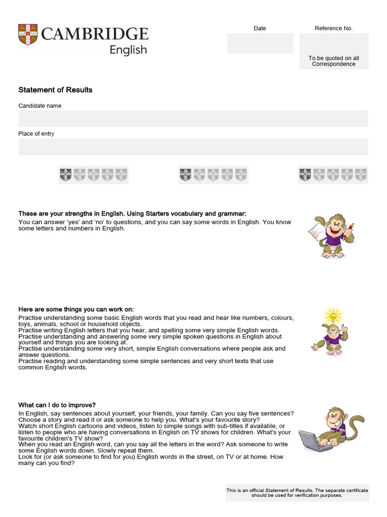 CAE Report-English-Starters-Sample-Statement-Of-Results | PDF | English ...