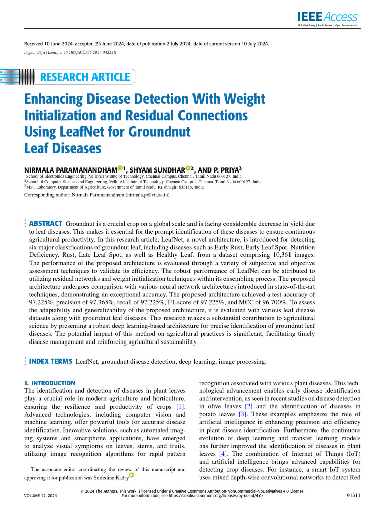 Enhancing Disease Detection With Weight Initialization And Residual Connections Using Leafnet