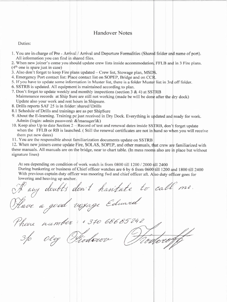 Handover Notes | PDF