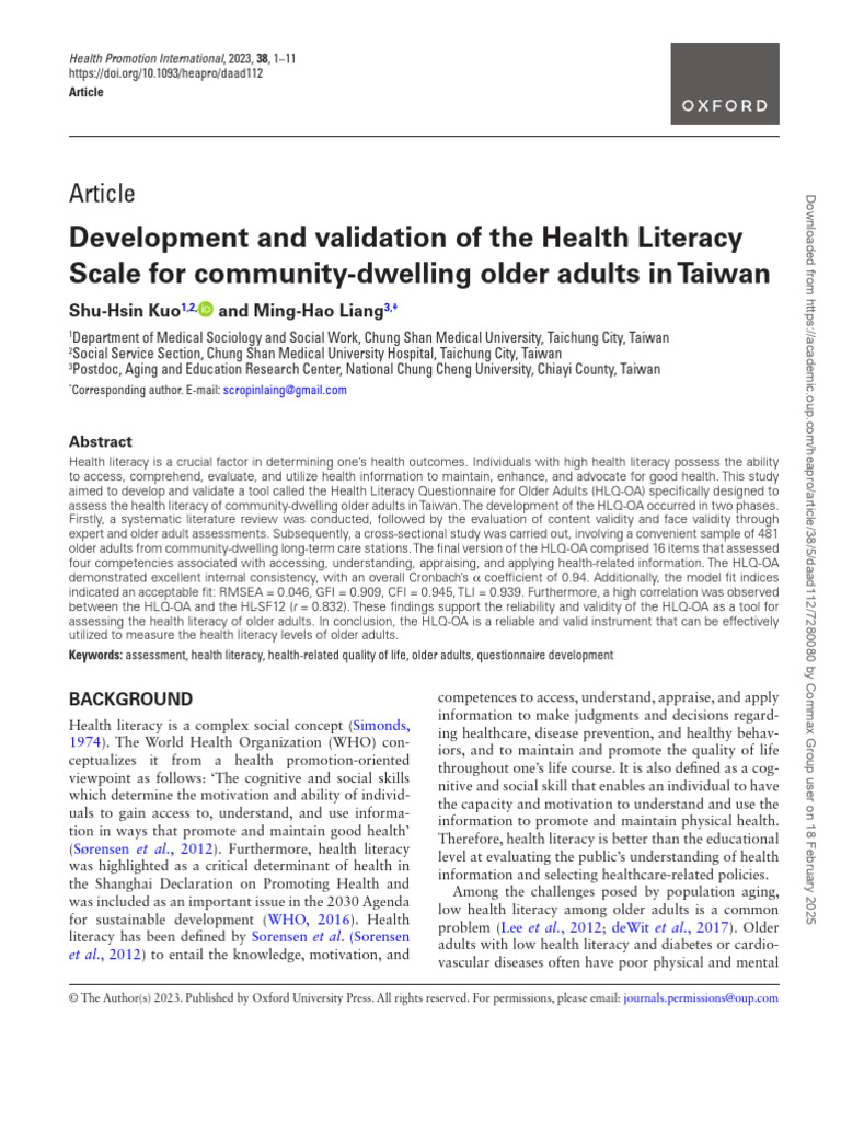 Health Literacy Questionnaire for Older Adults | PDF | Validity ...