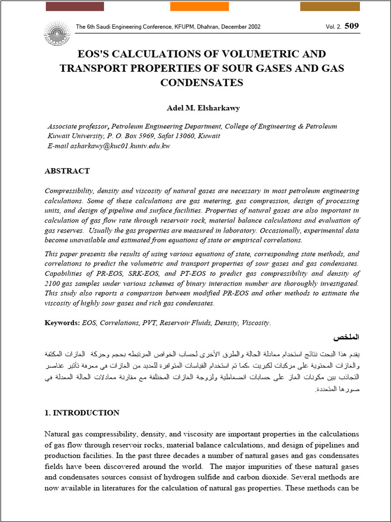 EOS Calcs of Volumetric and Transport Properties of Sour Gas 2002 | PDF ...