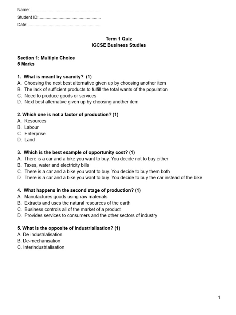IGCSE Business Studies Term 1 Quiz | PDF | Division Of Labour | Economies