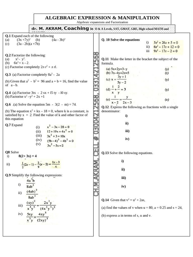 Algebraic Expansion and Factorisation | PDF | Factorization | Speed