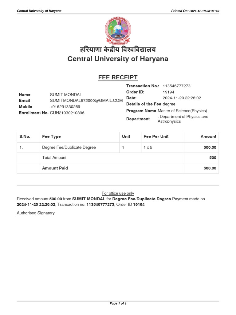 Fee Receipt | PDF