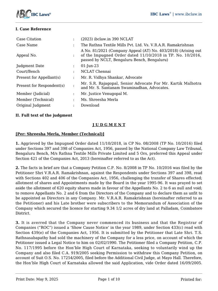 the-rathna-textile-mills-pvt-ltd-vs-v-r-a-r-ramakrishnan-nclat-chennai ...