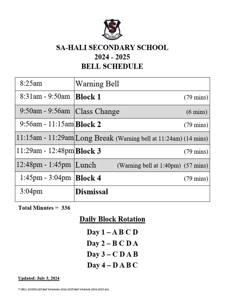Sahali Secondary School Bell Schedule 2024-25 | PDF