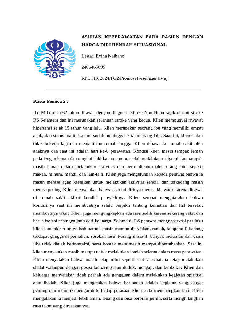 Asuhan Keperawatan Pada Pasien Dengan Harga Diri Rendah Situasional | PDF
