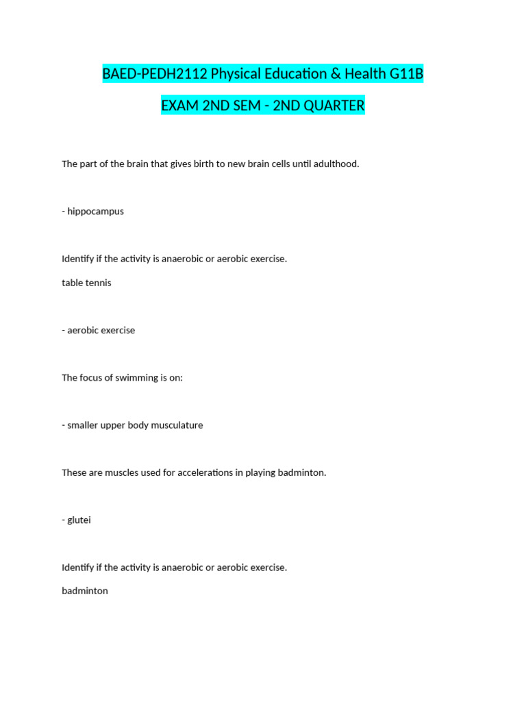 Baed-Pedh2112 Exam 2ND Sem - 2ND Quarter | PDF | Aerobic Exercise | Skeletal Muscle