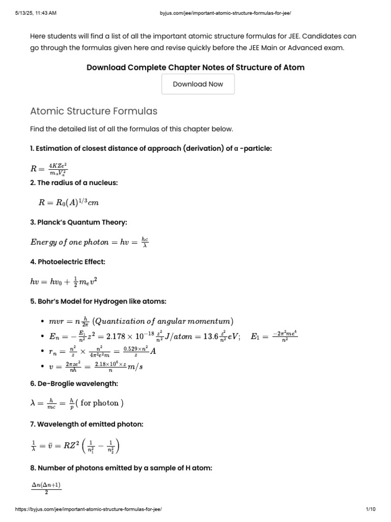 Jee - Important Atomic Structure Formulas For Jee | PDF | Atomic ...