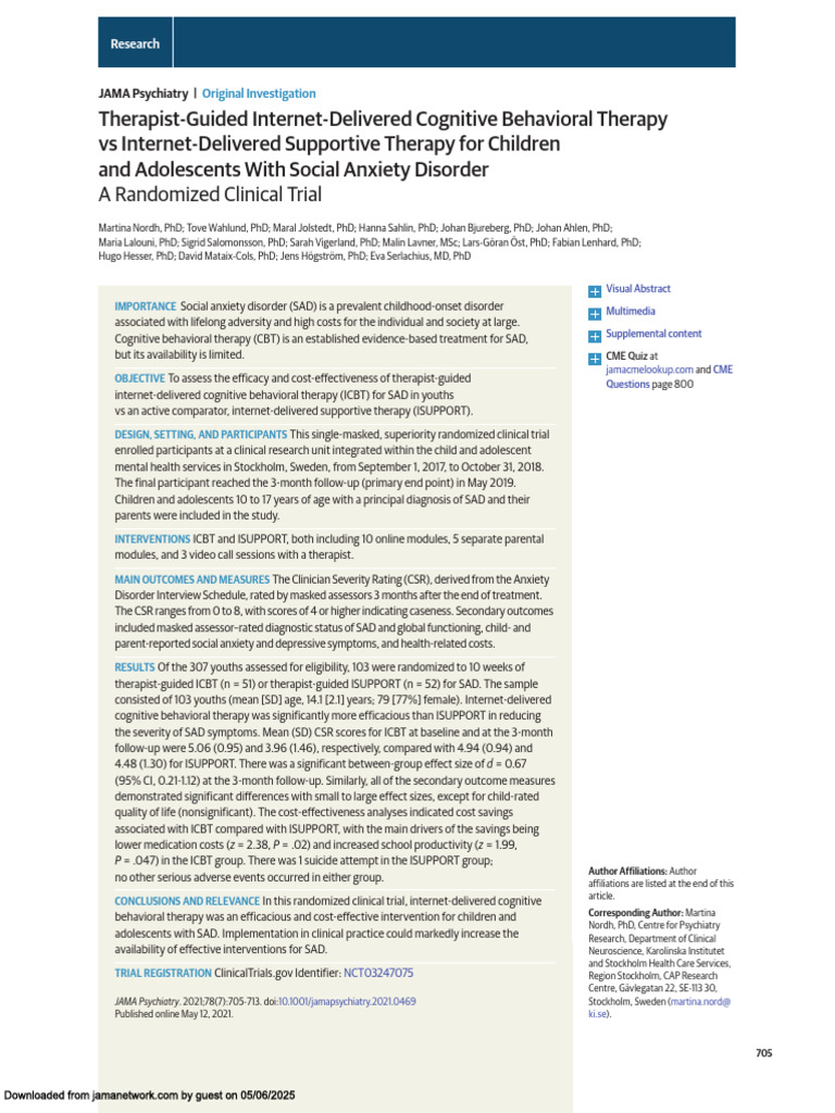 Nordh 等 - 2021 - Therapist-Guided Internet-Delivered Cognitive Behavioral Therapy vs Internet ...