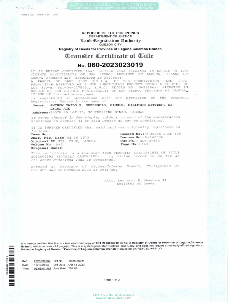 TCT No. 060-2023023019 | PDF | Real Property Law | Philippines