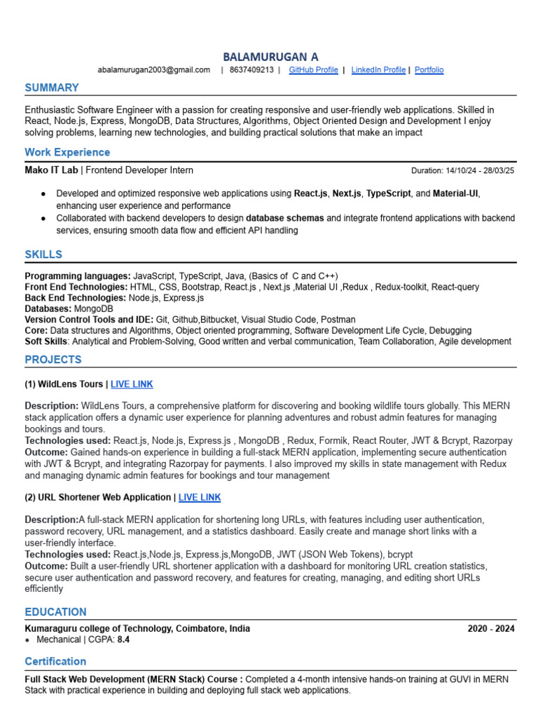 CV - Balamurugan A - 2025 - Software-Engineer | PDF | Computer Programming | Computing