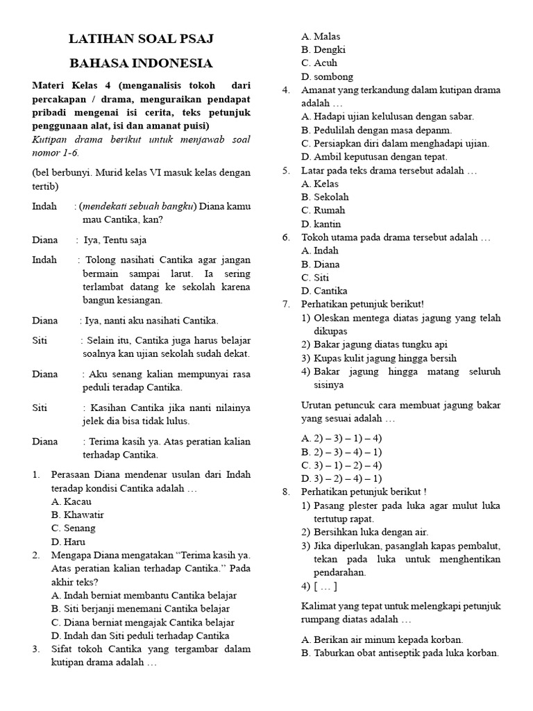 LATIHAN SOAL PSAJ B INDONESIA MATERI KELAS 4 DAN 5 (2) | PDF