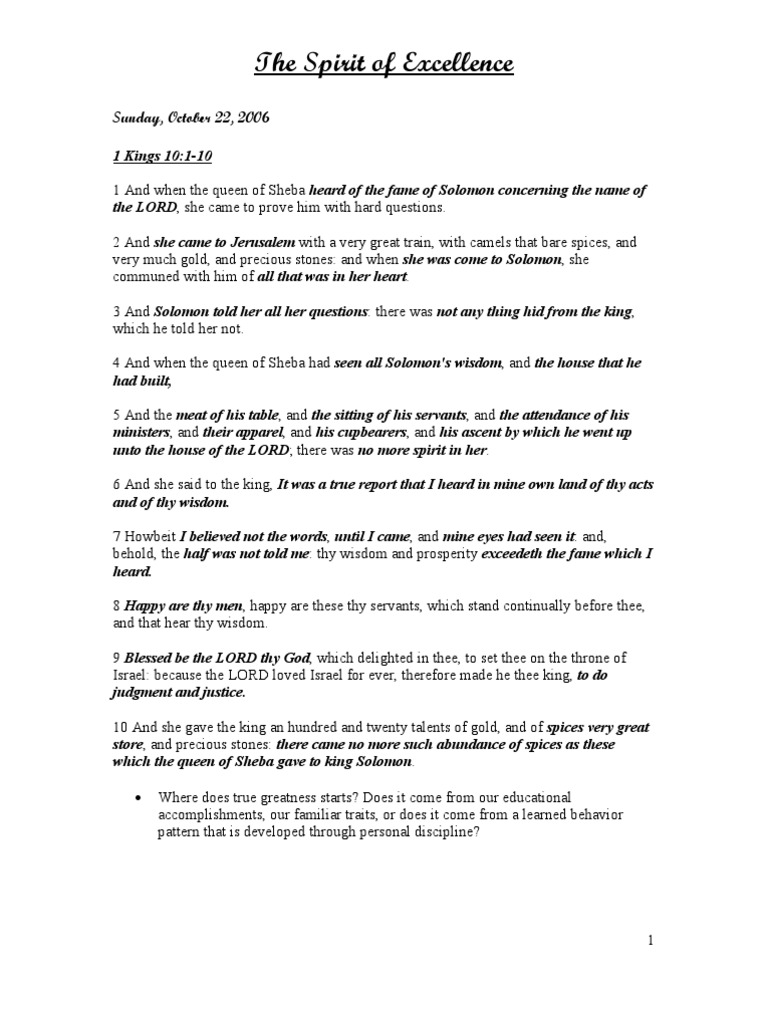 The Spirit of Excellence in Solomon | PDF | Queen Of Sheba | Solomons