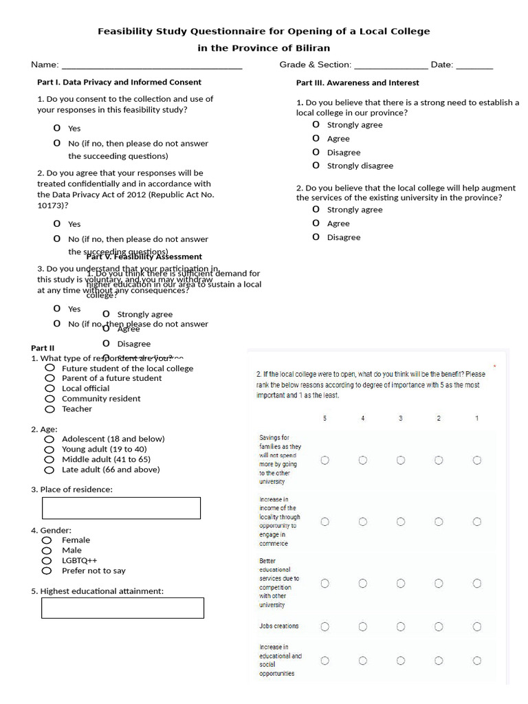 Feasibility Study Questionnaire For Opening of A Local College in The ...
