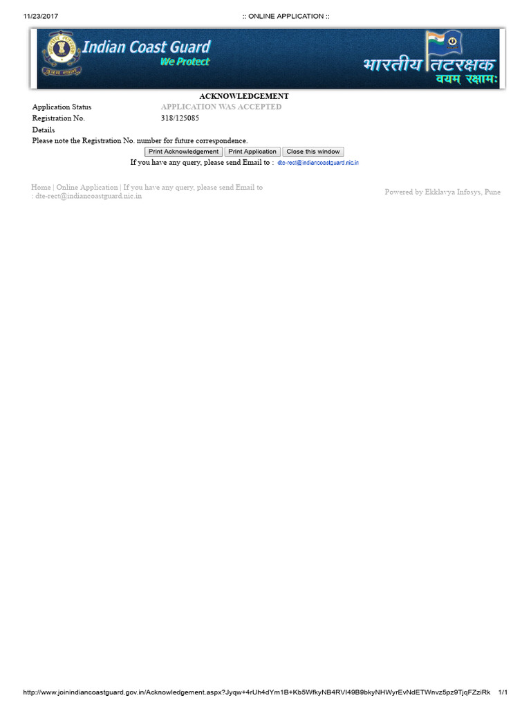 Indian Coast Guard Application Acknowledgement | PDF