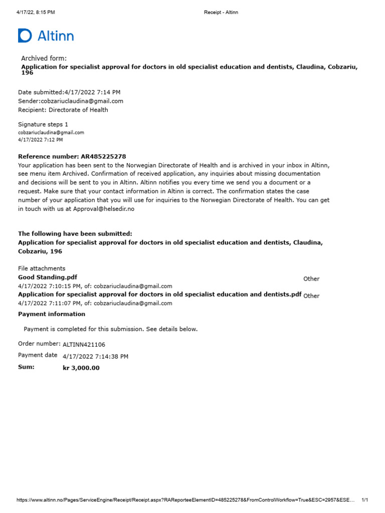 Altinn Receipt for Specialist Approval | PDF