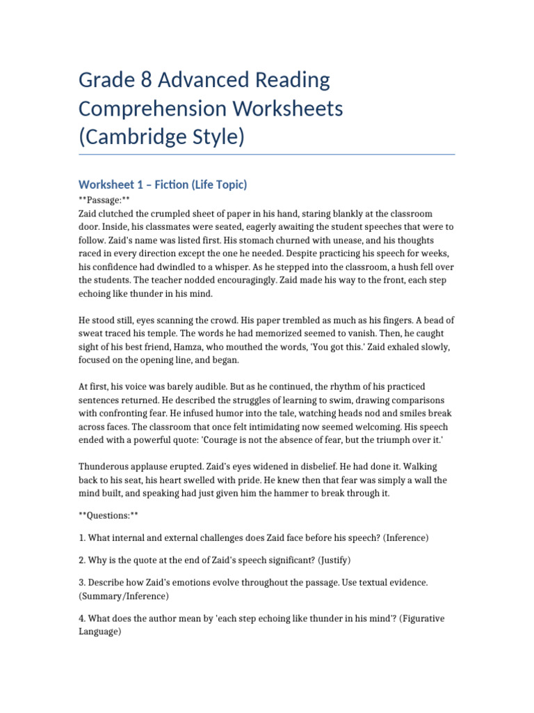 Grade 8 Fiction Reading Comprehension | PDF