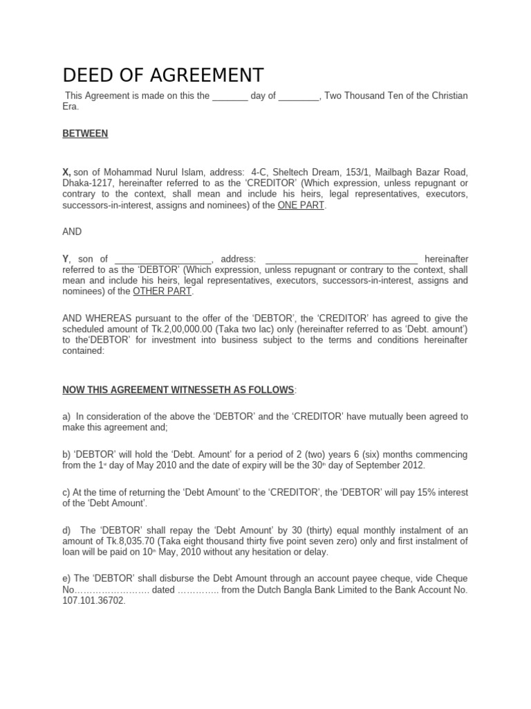 Deed of Agreement Sample 1 | PDF | Debtor | Debt