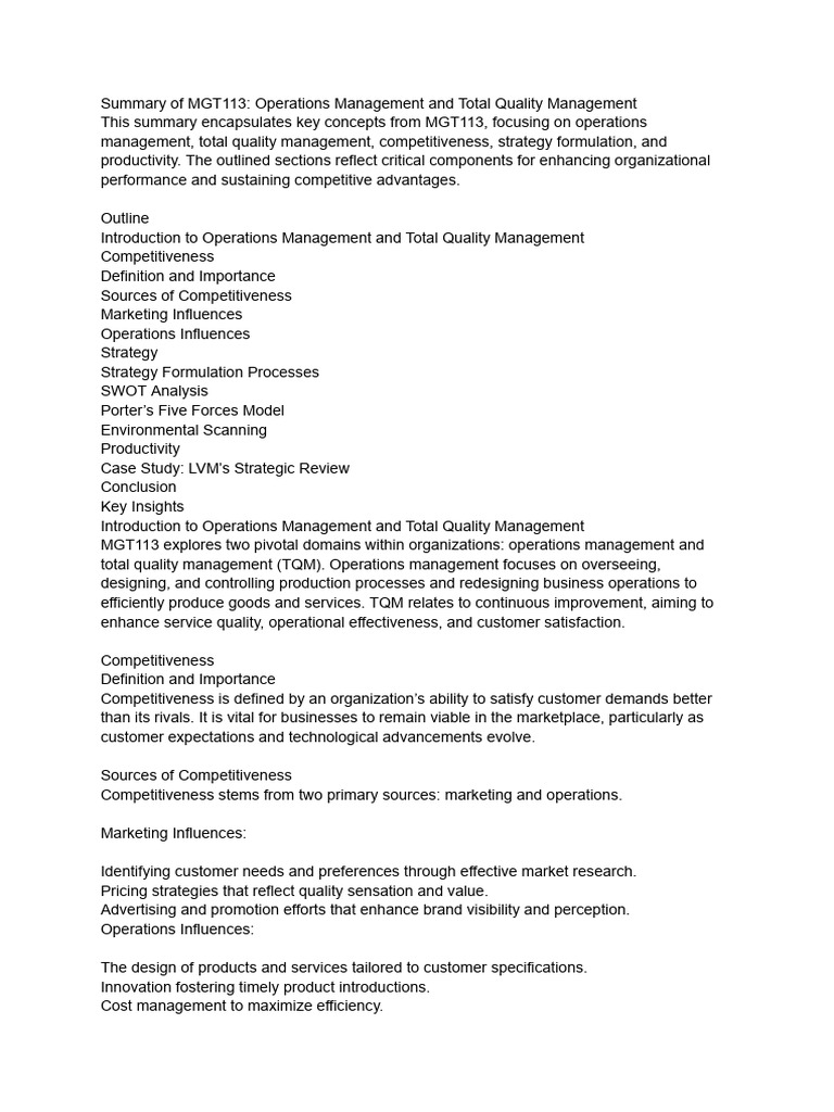 Operations Management & TQM Overview | PDF | Strategic Management ...