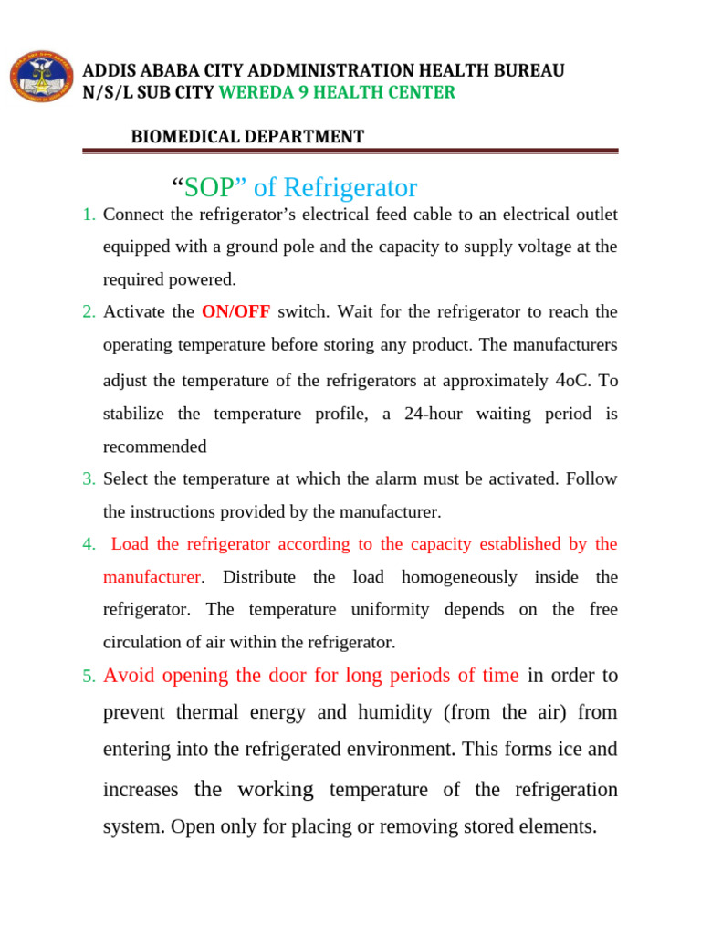Refrigerator SOP Guidelines | PDF