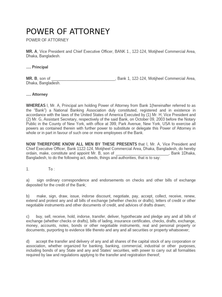 Power of Attorney Sample 4 | PDF | Securities (Finance) | Banks