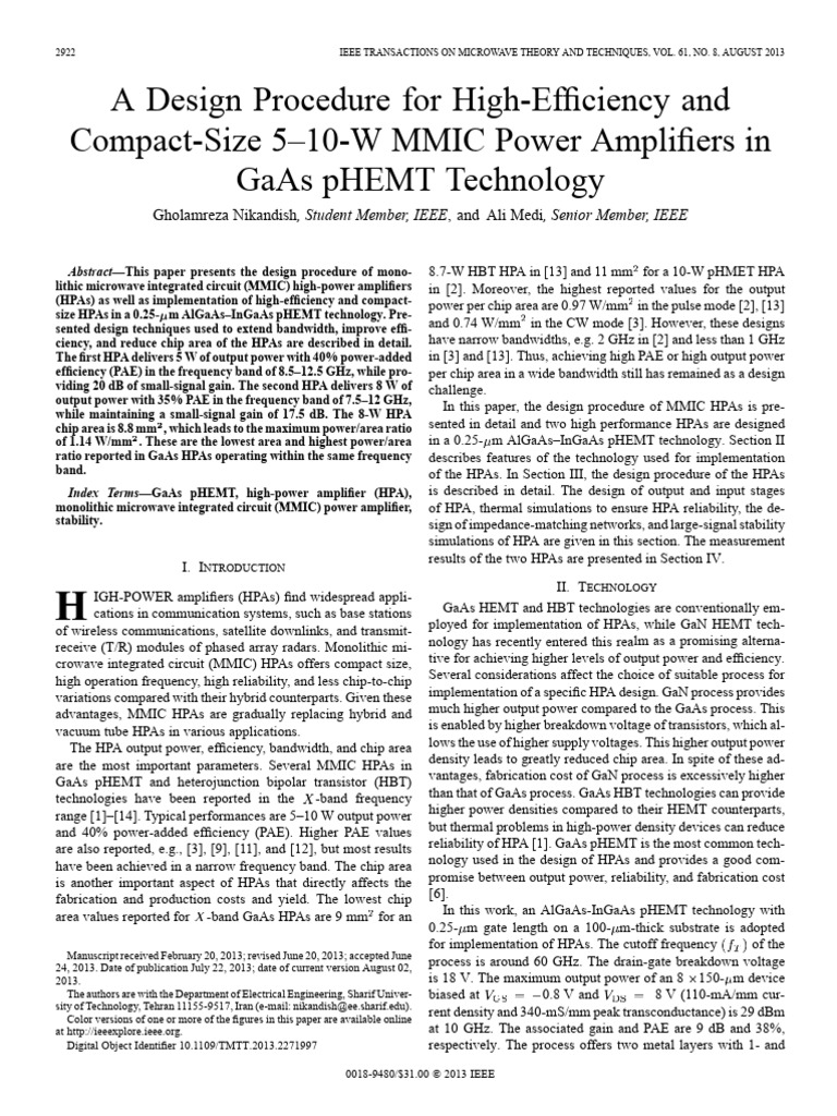 A Design Procedure For High-Efficiency and Compact-Size 510-W MMIC Power Amplifiers in GaAs ...