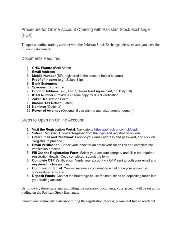 PSX Account Opening Procedure | PDF