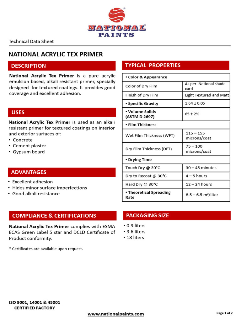 6.NATIONAL ACRYLIC TEX PRIMER tds | PDF | Paint | Acrylic Paint