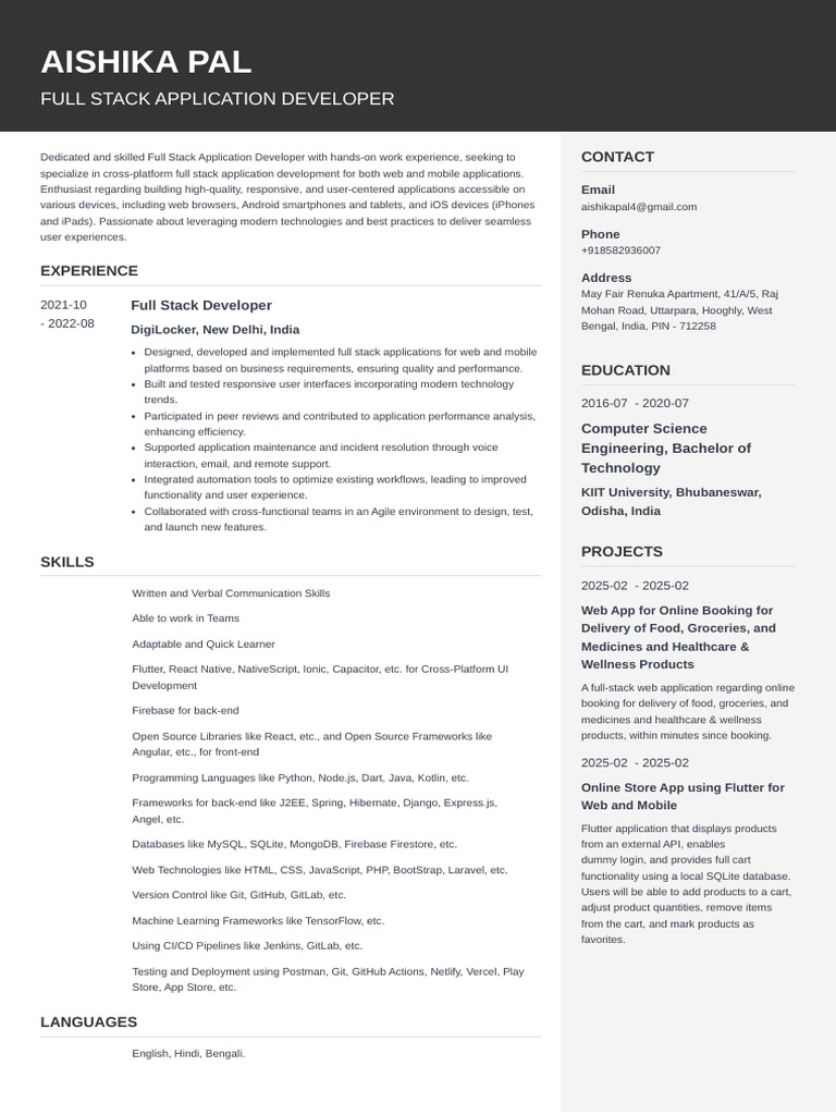 Aishika Pal - Full Stack Software Developer Resume [Cross-Platform] | PDF | Application Software ...