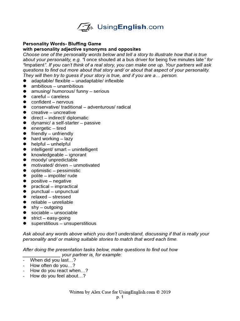 Personality Adjectives Bluffing Game | PDF | Linguistics | Grammar