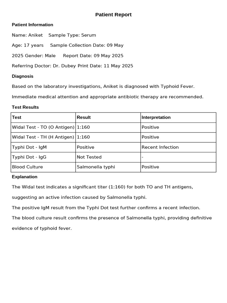 Typhoid Fever Diagnosis Report | PDF