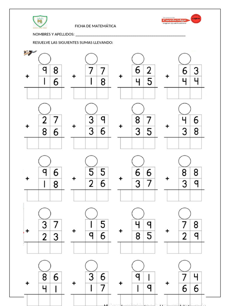 Ficha de Matemática de Sumas Llevando | PDF